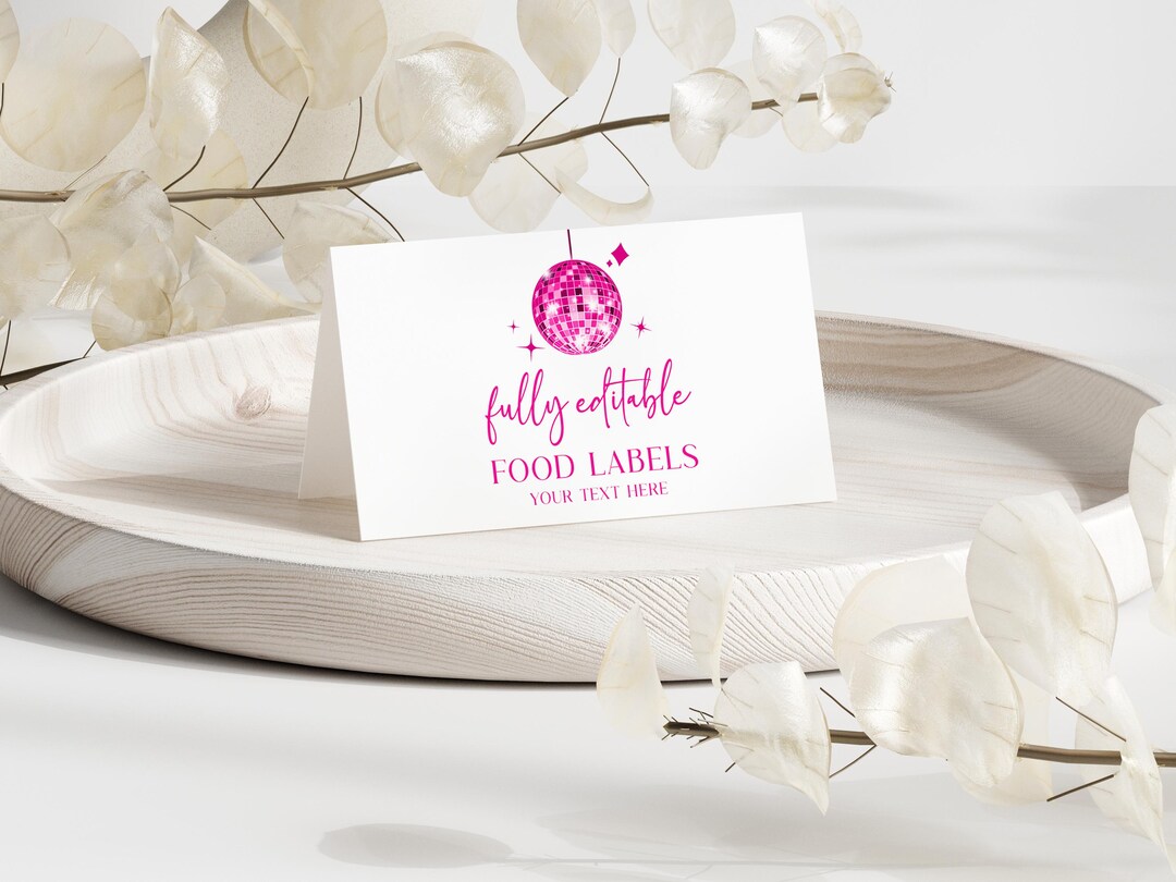Pink Sparkly Disco Ball Food Label Card | Place Card | Editable ...