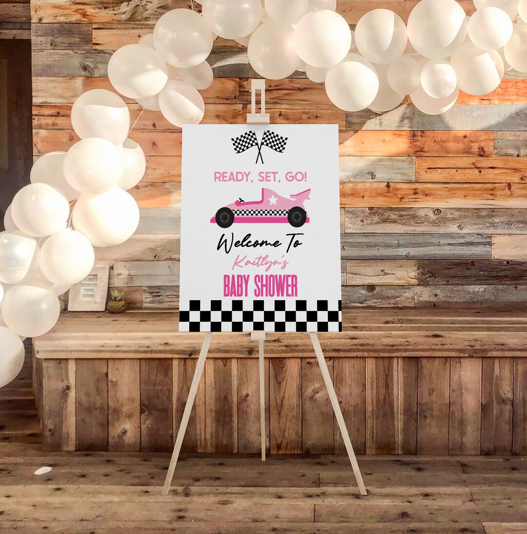 Pink Race Car Baby Shower Welcome Sign | Racecar Themed Baby Shower ...