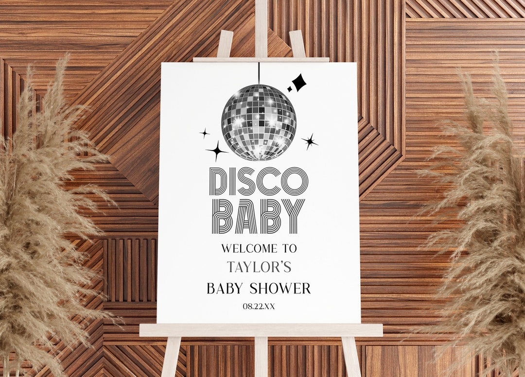 Disco Baby Silver Disco Ball Baby Shower Welcome Sign | Editable Baby ...