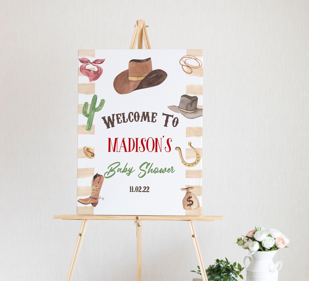 Baby Shower Welcome Sign | Red Brown Cowboy Themed Baby Shower Welcome ...