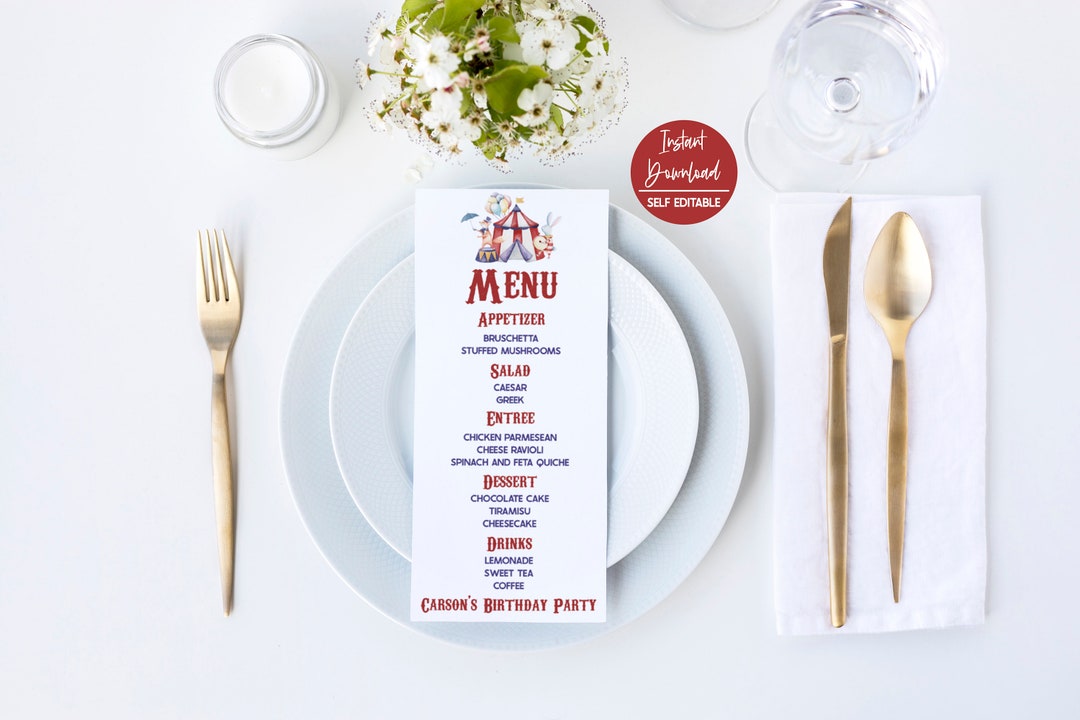 Editable Birthday Party Menu | Circus Animal Carnival Theme - Etsy