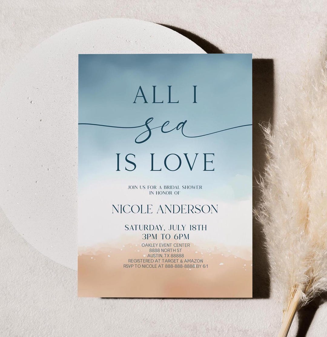 All I Sea is Love Blue Ocean Beach Shore Sand Bridal Shower Invitation ...