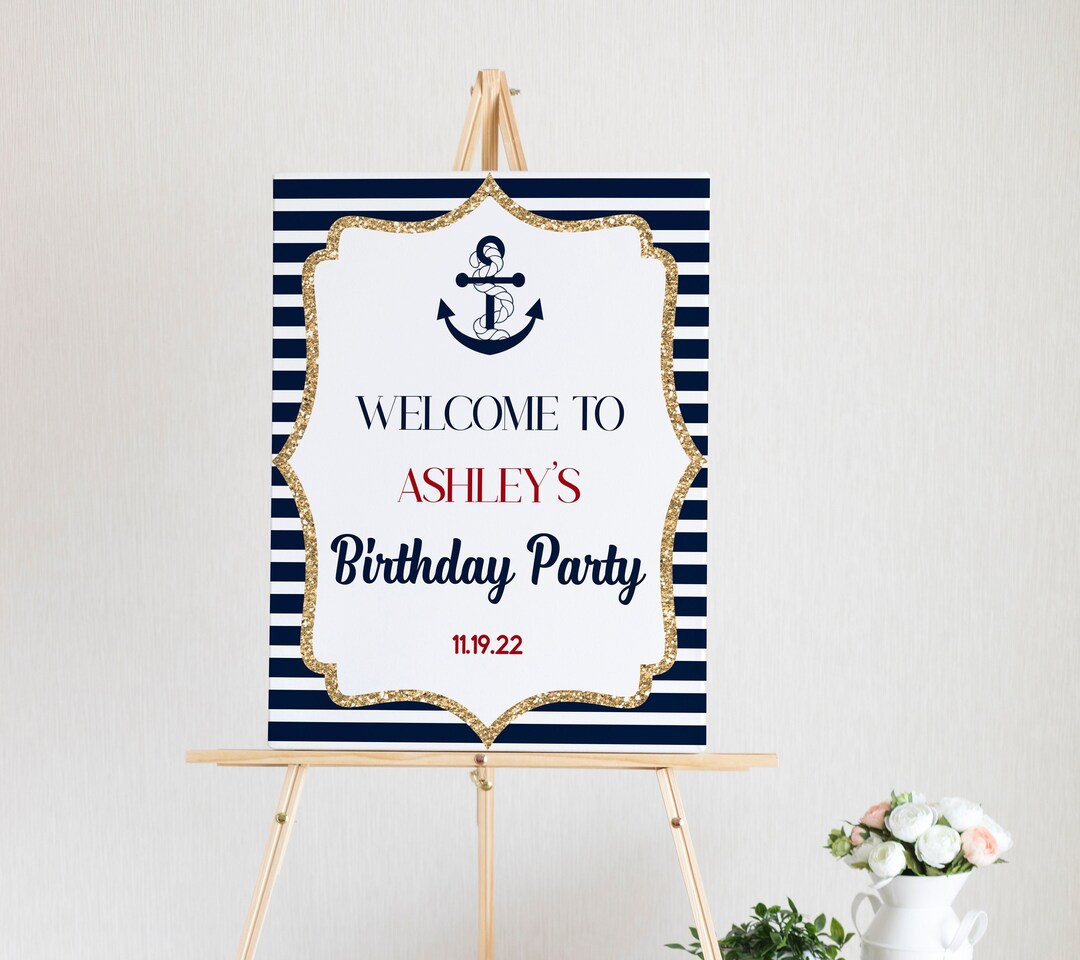 Birthday Party Welcome Sign | Nautical Themed B-day Welcome Sign | Navy ...