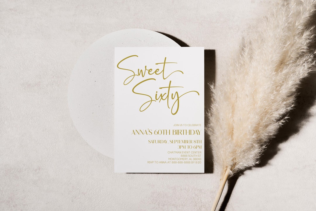 Sweet Sixty 60th Birthday Party Invitation | Editable Gold White ...