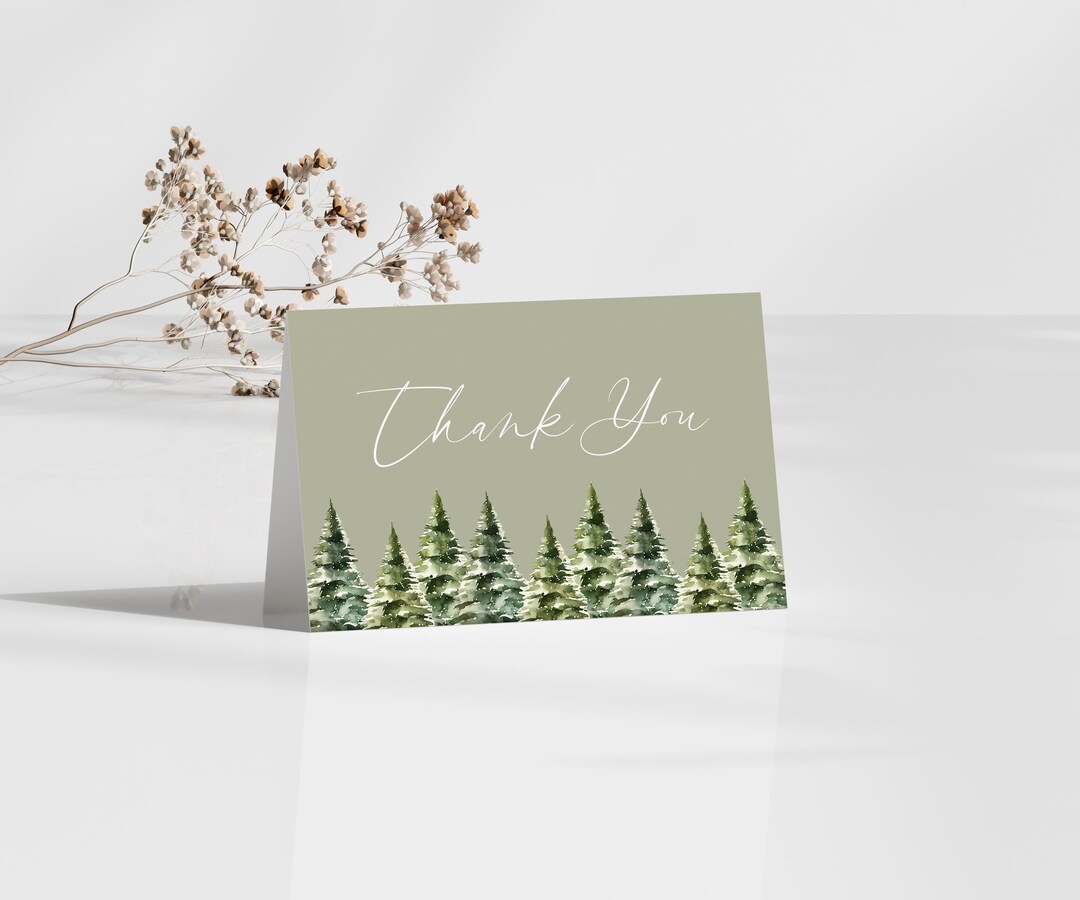 Winter Snowy Pine Tree Thank You Card | Editable Folded Thank You Note ...