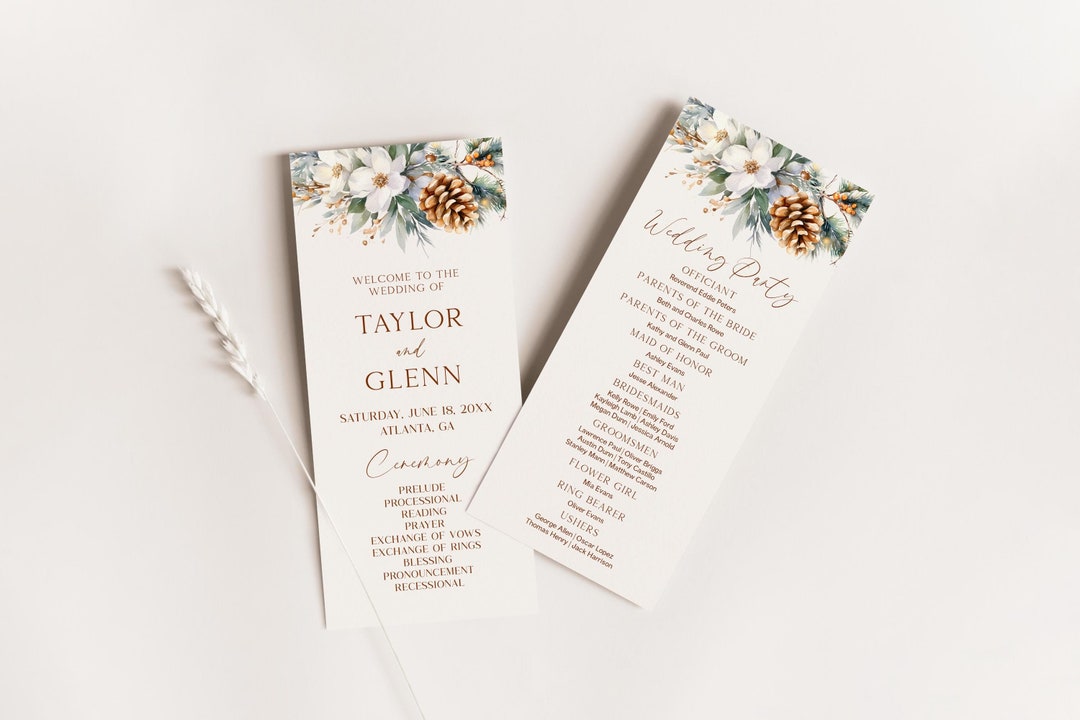 Winter Floral Pine Tree Wedding Program | Wedding Program Information Card | Editable Template ...