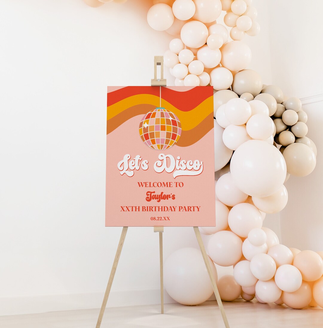 Let's Disco! Red Orange Pink Disco Ball Birthday Party Welcome Sign | B ...
