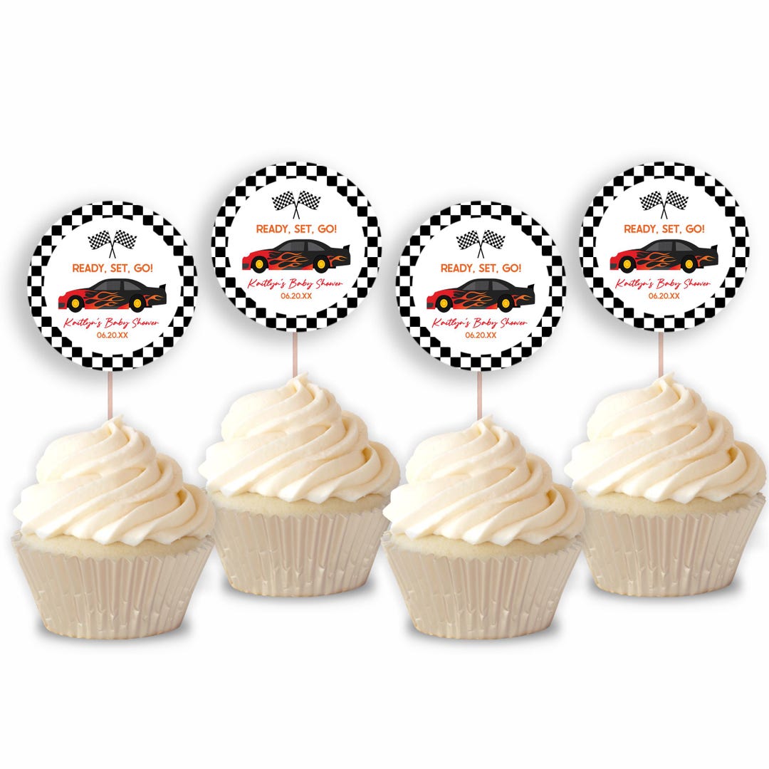 Editable Cupcake Toppers | Black Red Flame Race Car Baby Shower Cup ...