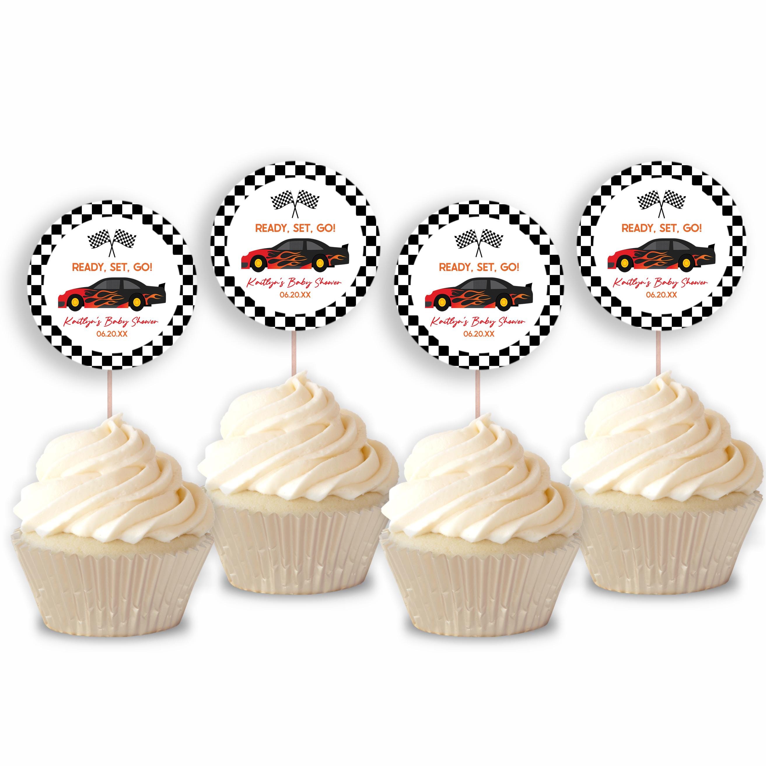 Editable Cupcake Toppers | Black Red Flame Race Car Baby Shower Cup ...