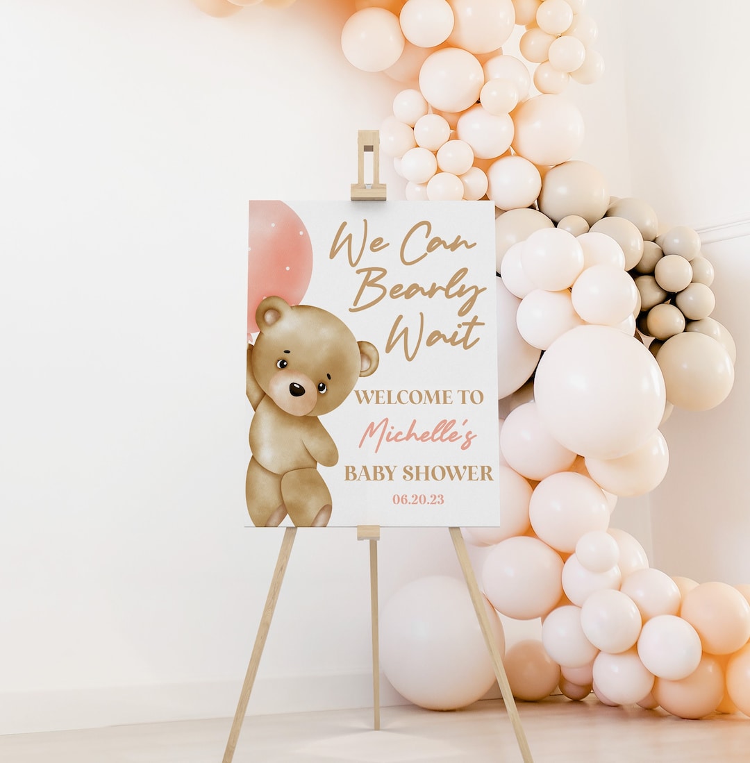 Teddy Bear and Pink Balloons Themed We Can Barely Wait Baby Shower ...