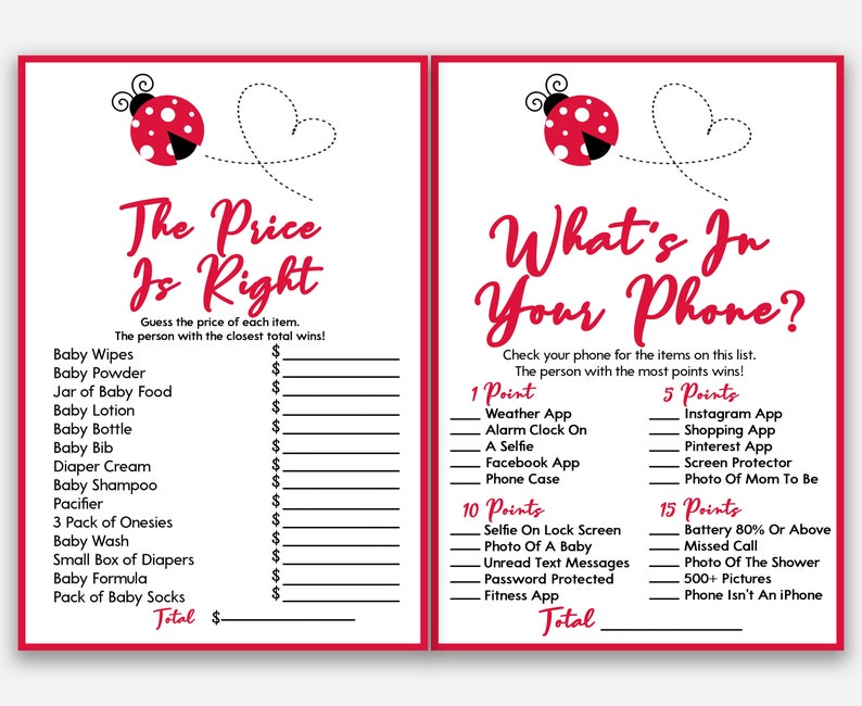 Red Ladybug Themed Baby Shower Game Pack, Printable Baby Shower Games ...