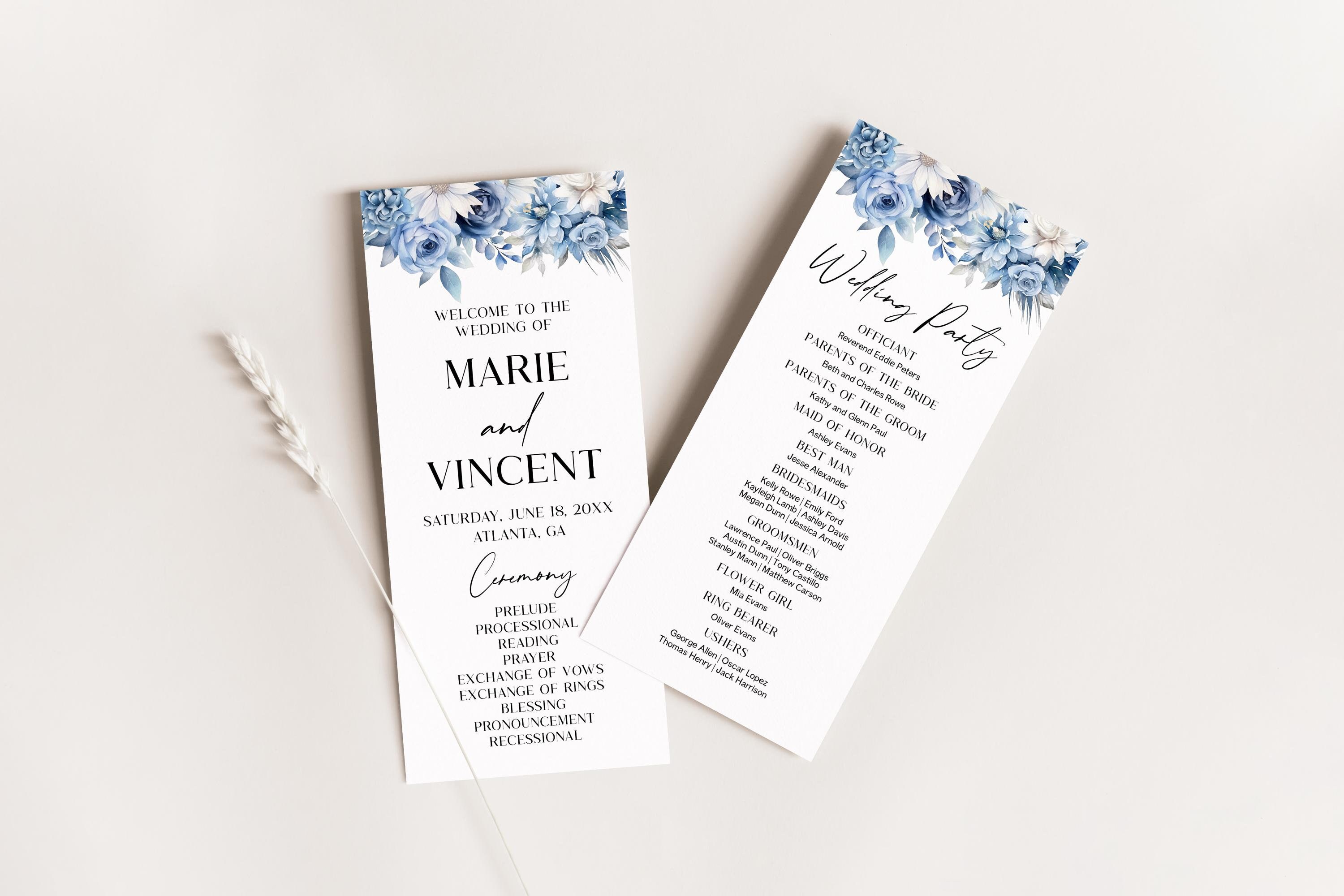Dusty Blue Floral Wedding Program | Blue White Flower Arrangement ...