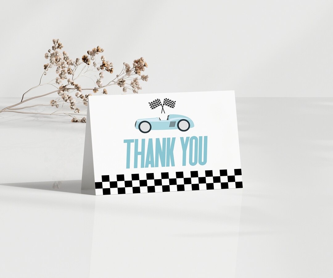 Blue Race Car Thank You Card | Editable Template Folded Thank You Note ...