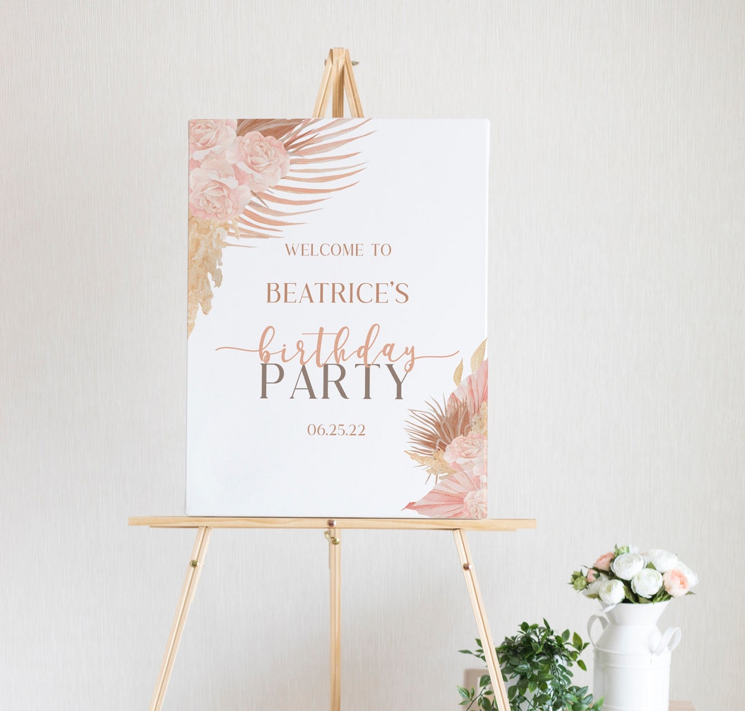 Boho Soft Pink Flower Arrangement Themed Birthday Party Welcome Sign ...