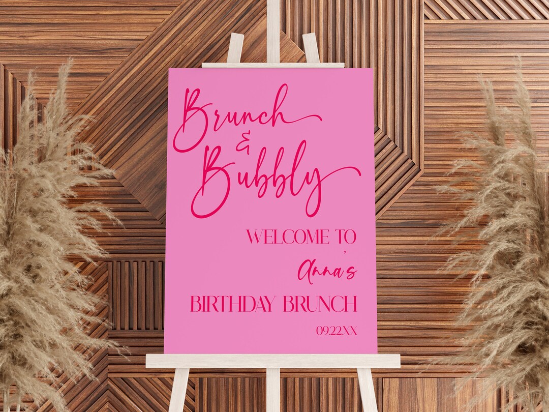 Brunch & Bubbly Birthday Brunch Welcome Sign | Editable Pink Hot Pink ...