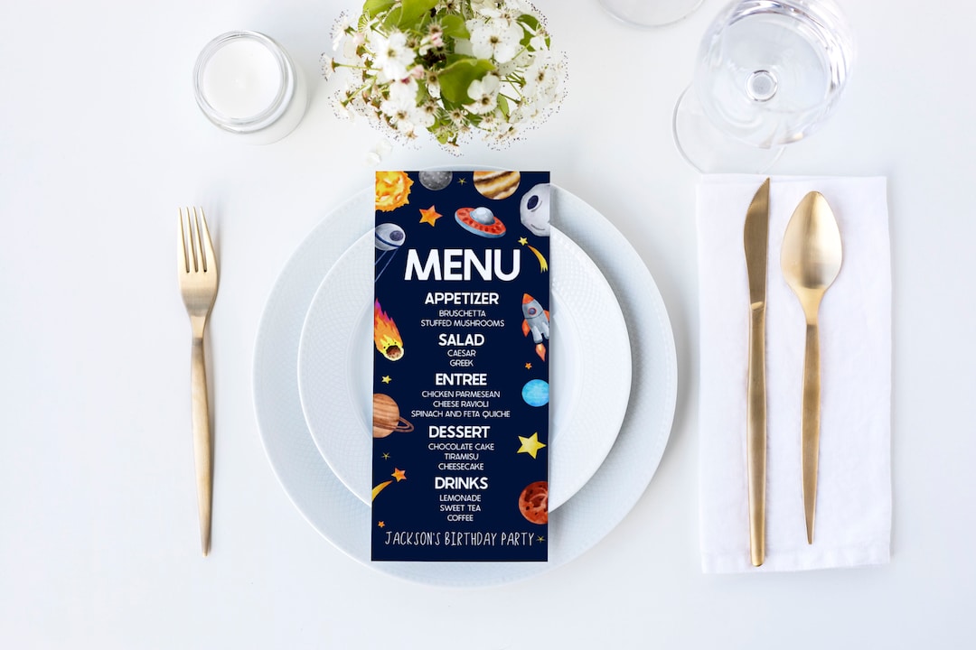 Editable Birthday Party Menu | Outer Space Galaxy Planets Rocket Ship ...