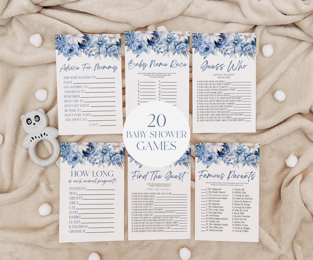 Dusty Blue Floral Baby Shower Game Variety Pack, Printable Activity ...