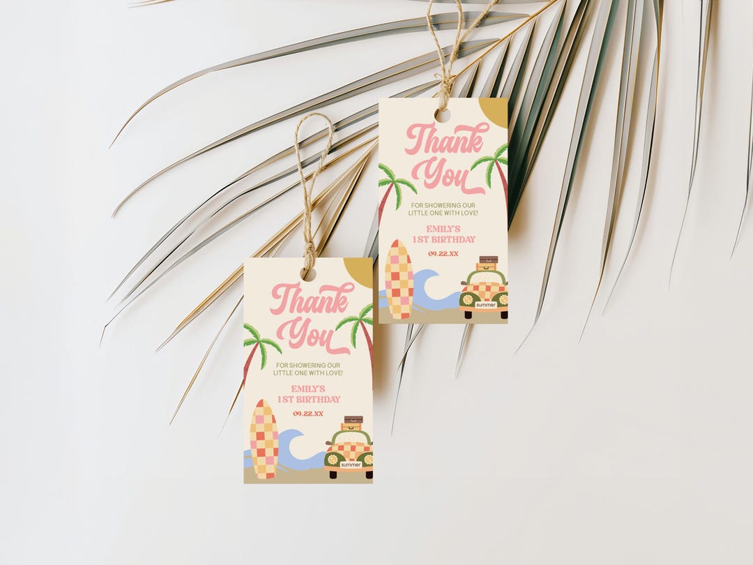 Retro Summer Beach Wave Surf Board Birthday Party Thank You Favor Tag ...