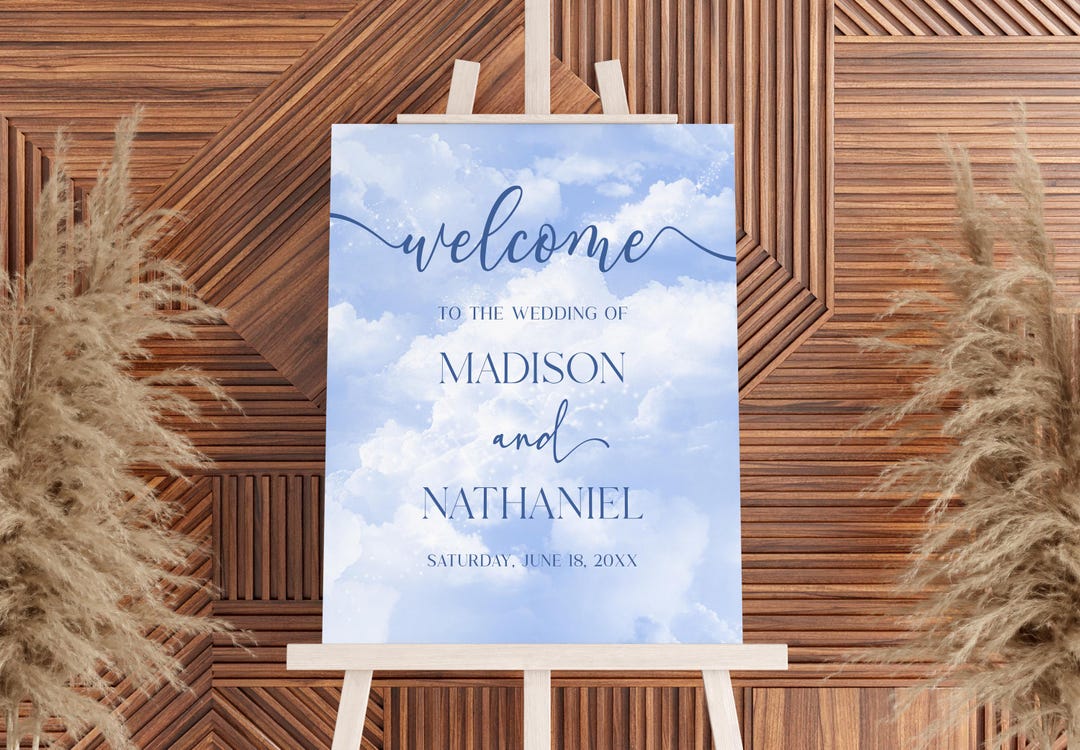 Blue White Dreamy Clouds Wedding Welcome Sign | Modern Elegant Wedding ...