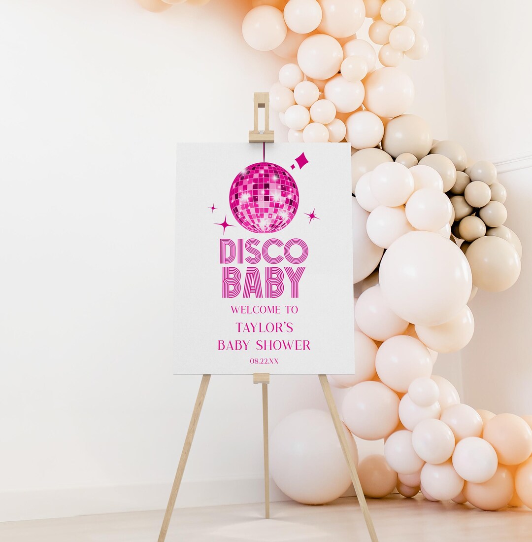 Disco Baby Pink Disco Ball Baby Shower Welcome Sign | Editable Baby ...