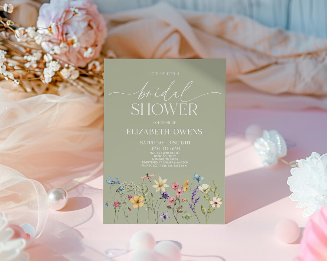 Elegant Wildflower Bridal Shower Invitation, Floral Butterfly Wild ...