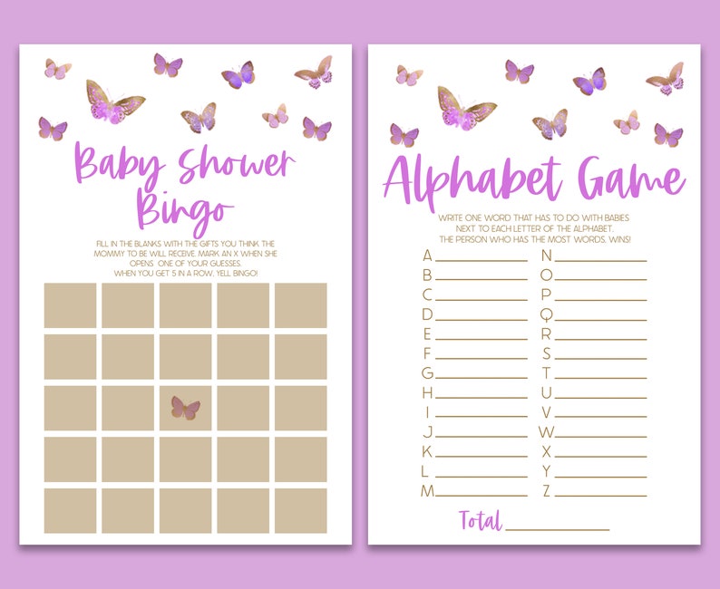 Purple Butterfly Themed Baby Shower Game Pack, Printable Baby Shower ...