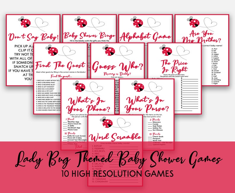 Red Ladybug Themed Baby Shower Game Pack, Printable Baby Shower Games ...