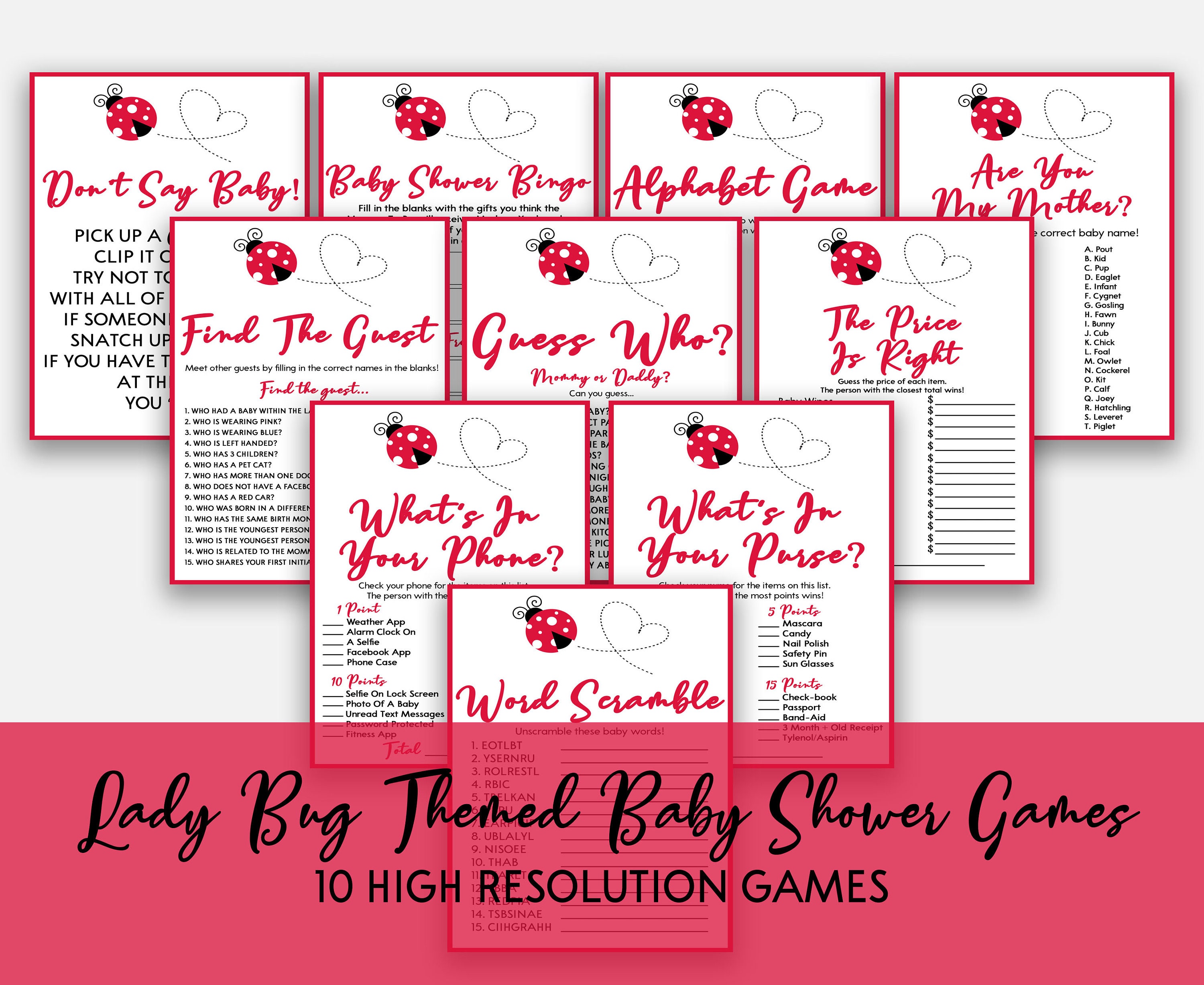 Red Ladybug Themed Baby Shower Game Pack, Printable Baby Shower Games ...
