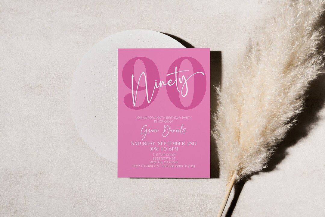 Pink Ninety 90th Birthday Party Invitation | Editable B-day Party ...