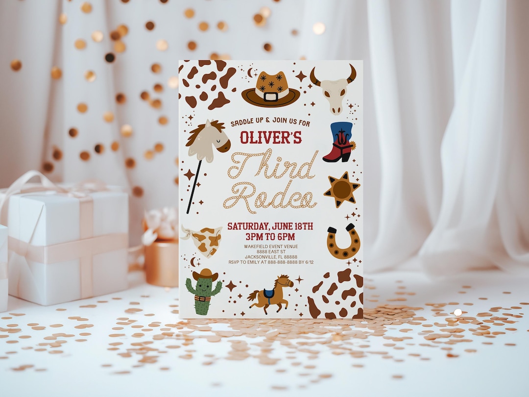Cowboy My Third Rodeo 3rd Birthday Party Invitation | Third Birthday ...