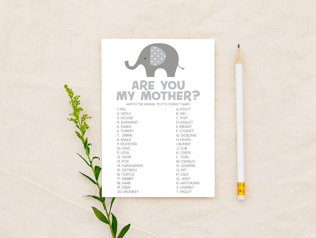 Are You My Mother Baby Shower Game Gray Elephant Design Animal Matching ...