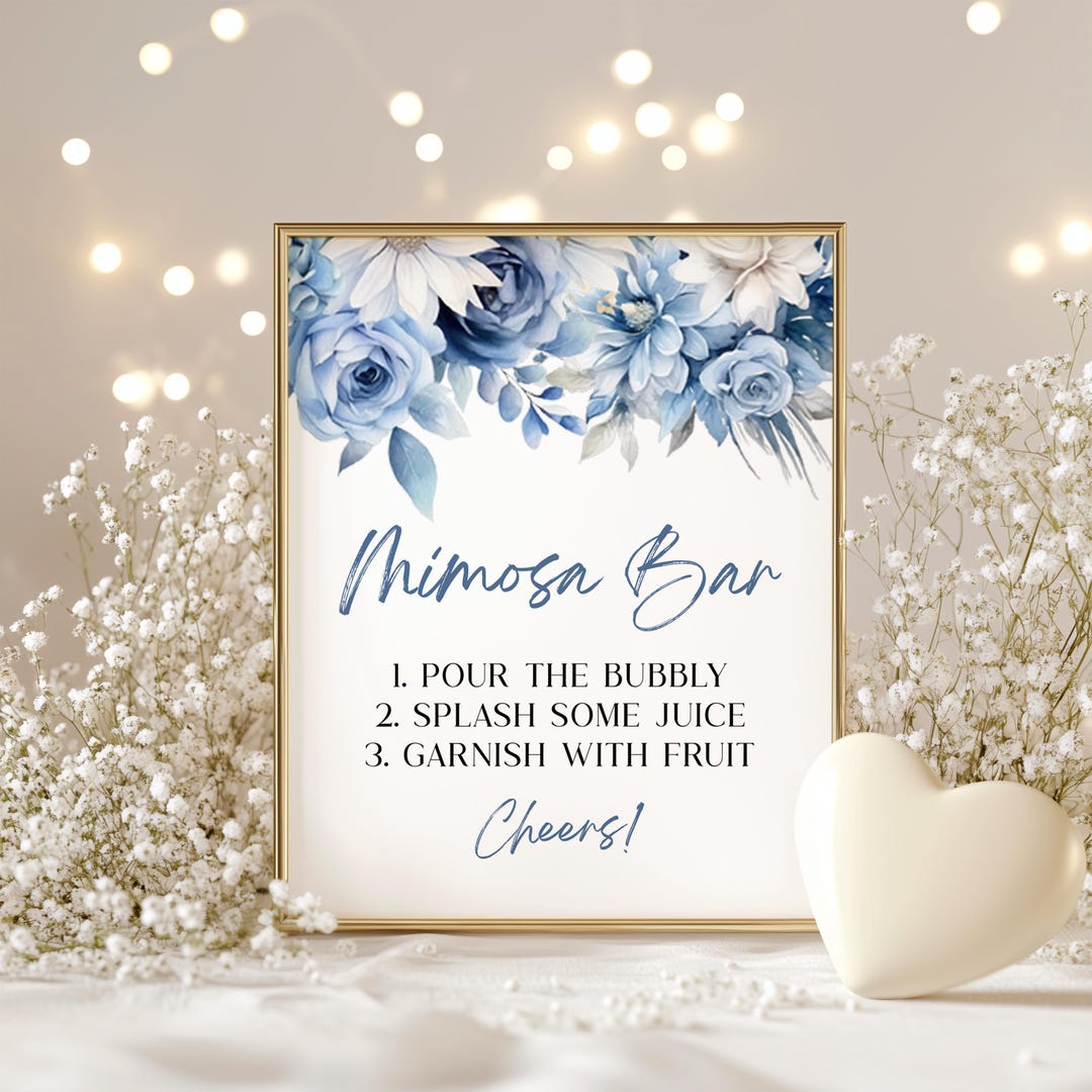 Mimosa Bar Sign, Dusty Blue Floral Flowers Mimosa Bar Sign, Bridal ...