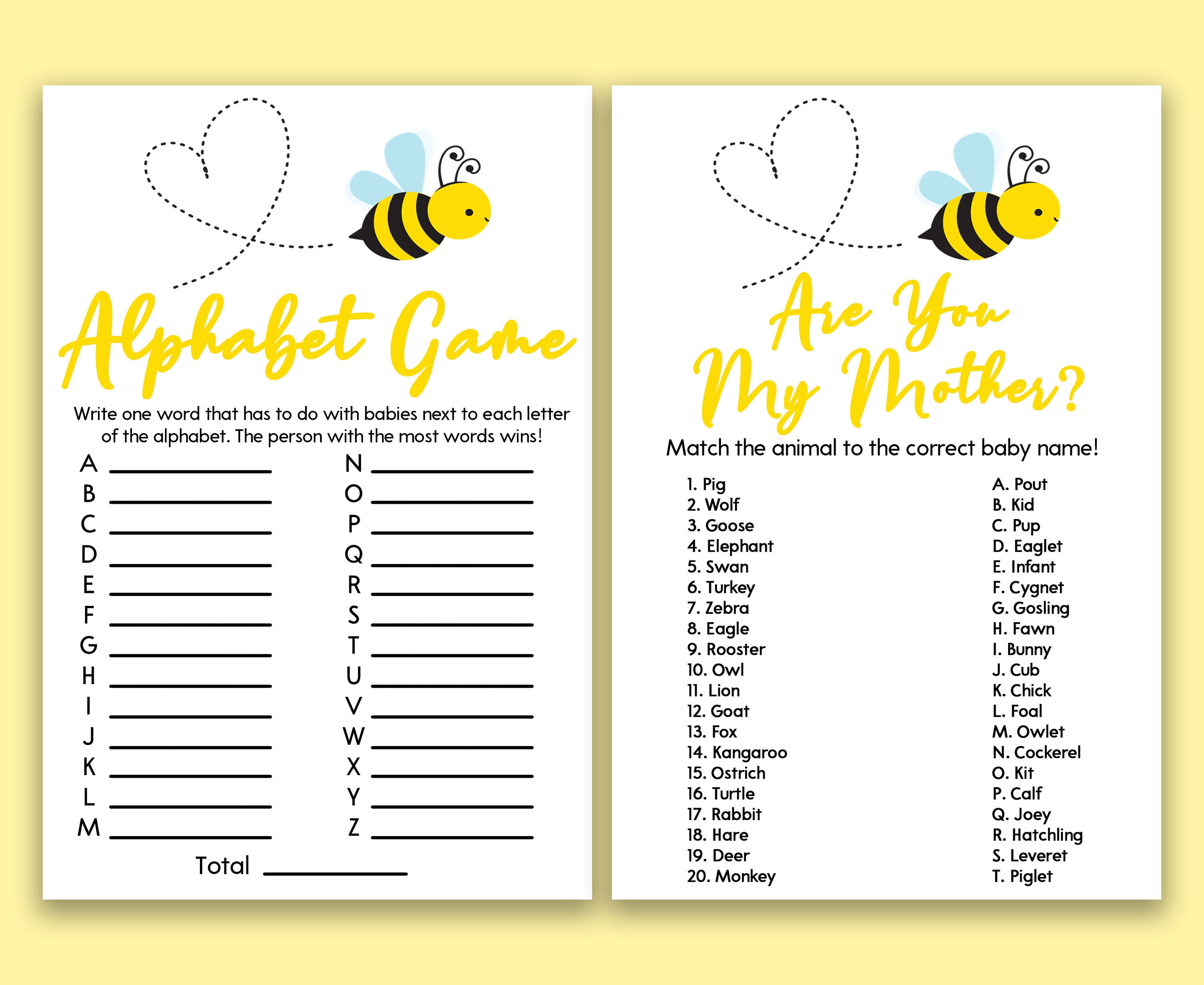 Yellow Bumble Bee Themed Baby Shower Game Pack Printable Baby - Etsy