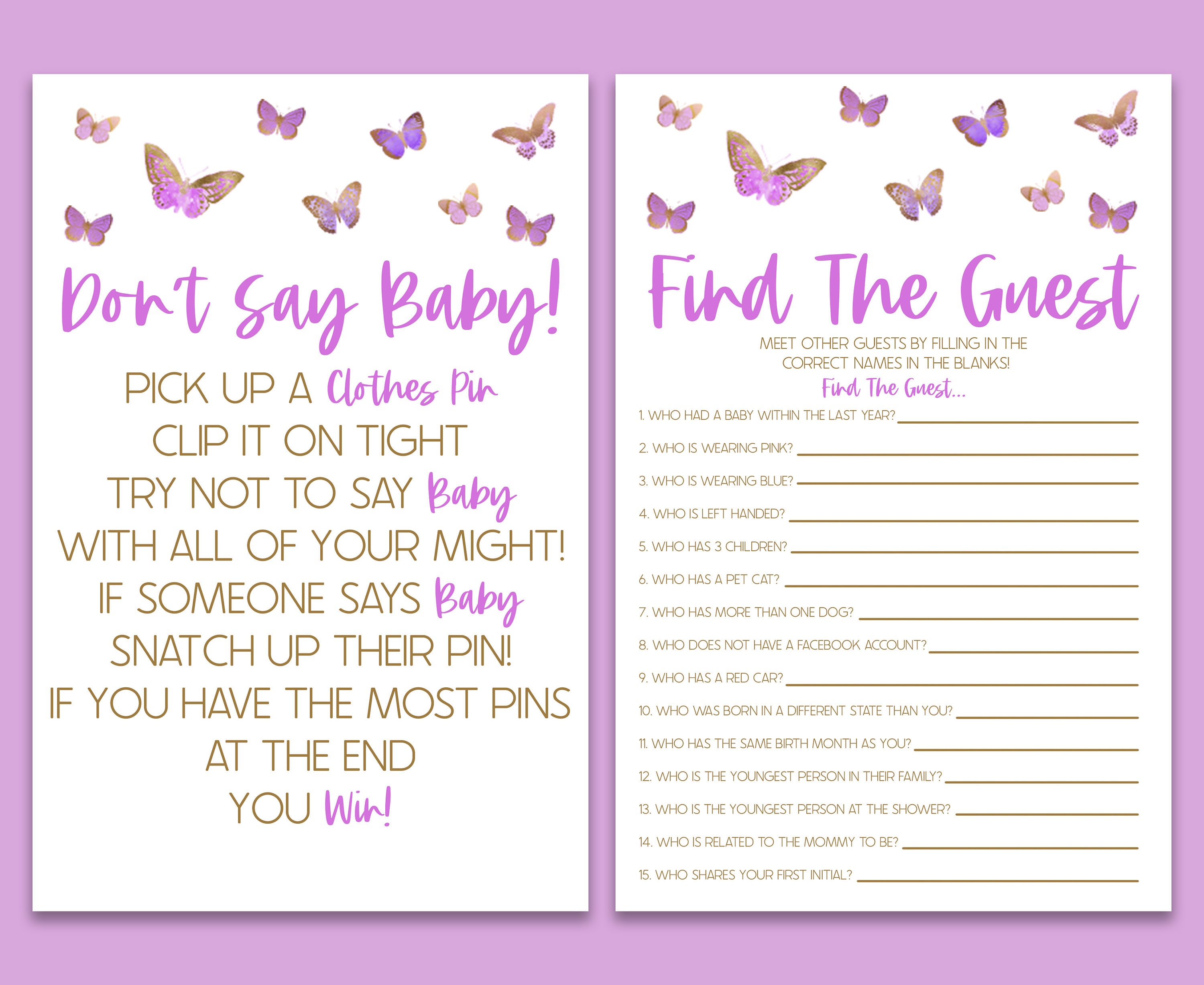 Purple Butterfly Themed Baby Shower Game Pack Printable Baby - Etsy