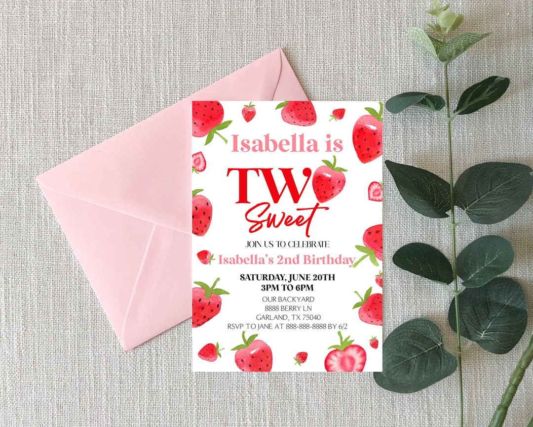 Two Sweet 2nd Birthday Party Invitation | Strawberry Second Birthday ...