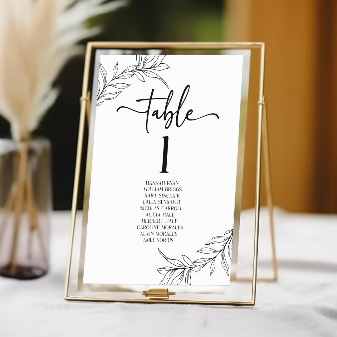 Minimalist Leaves and Branches Wedding Table Number W/ Names Template ...