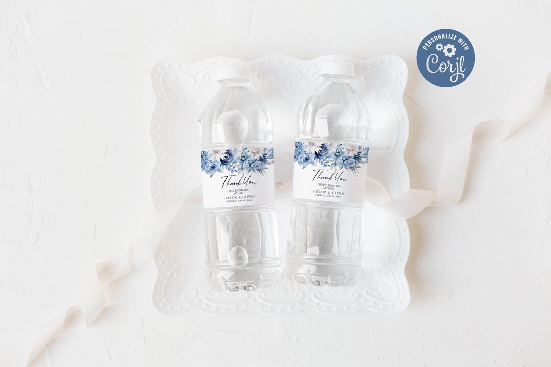 Editable Dusty Blue Floral Flowers Water Bottle Label | Wedding Favor ...