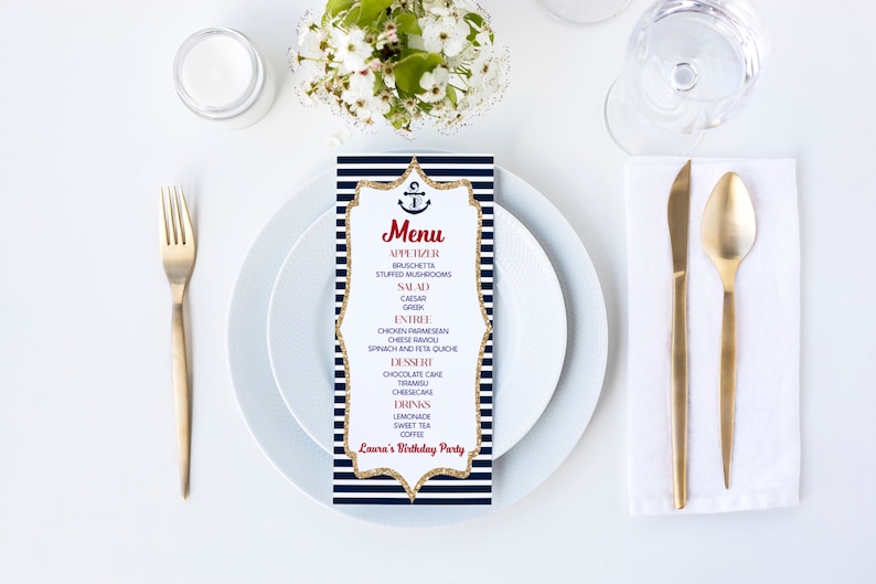 Editable Birthday Party Menu | Nautical Navy Blue Anchor Boat Theme - Etsy