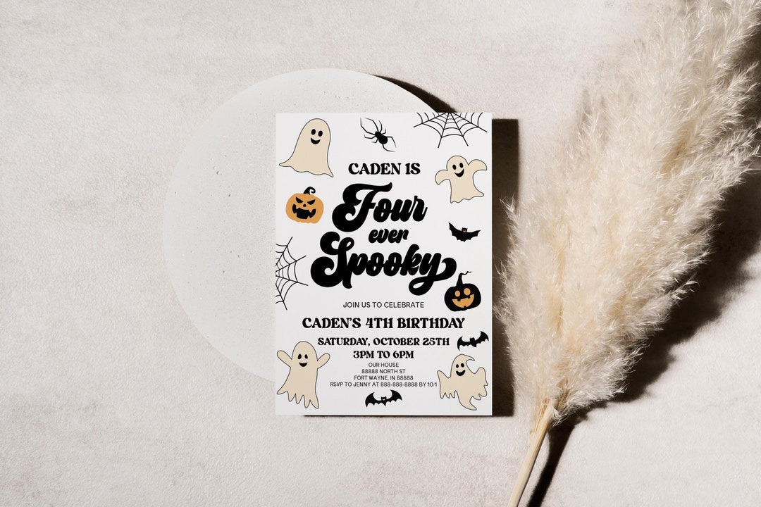 Four Ever Spooky 4th Birthday Party Invitation | Editable Cute Ghosts ...