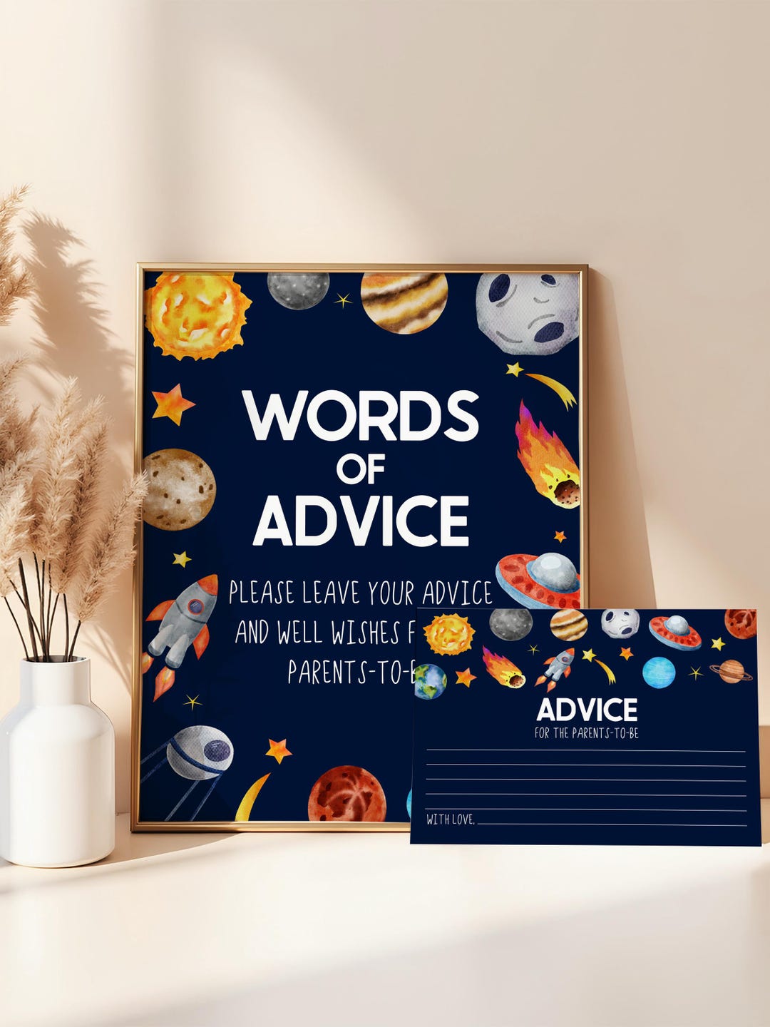 Outer Space Galaxy Words of Advice Sign and Cards for Baby Shower ...