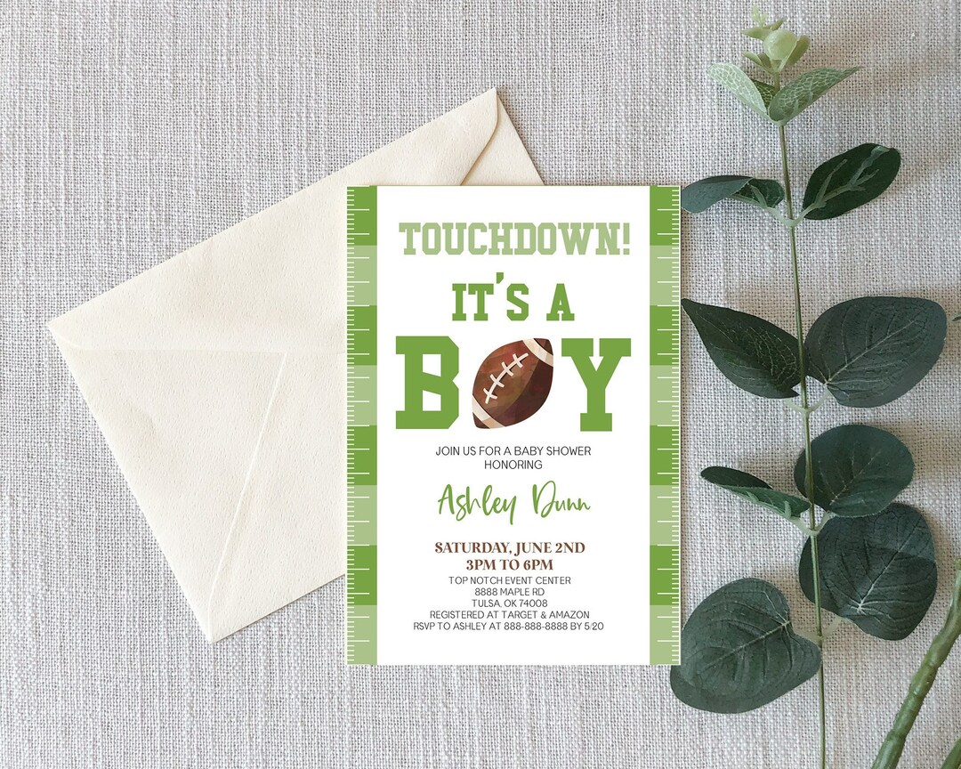 Editable Touchdown Football Themed Baby Shower Invitation, Green Sports ...