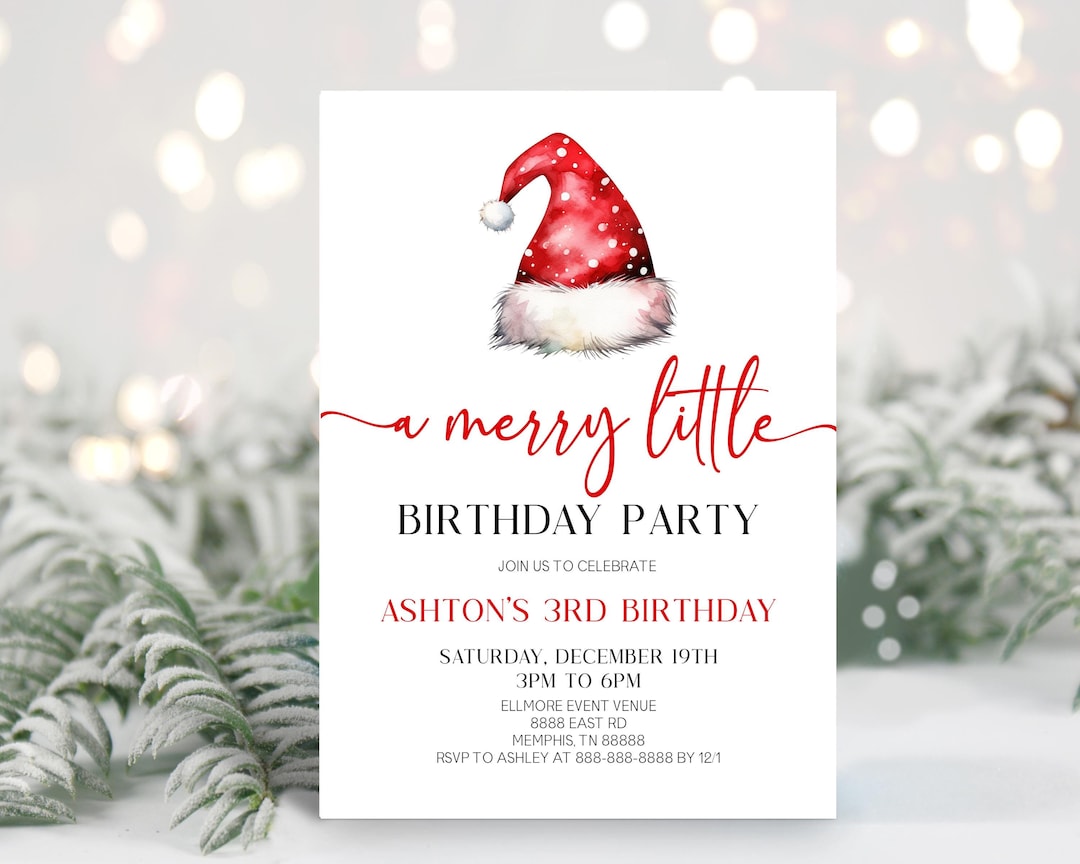 Editable Santa Hat Christmas A Merry Little Birthday Party Invitation ...