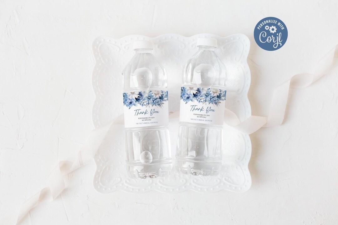 Editable Dusty Blue Floral Flowers Water Bottle Label | Bridal Shower ...