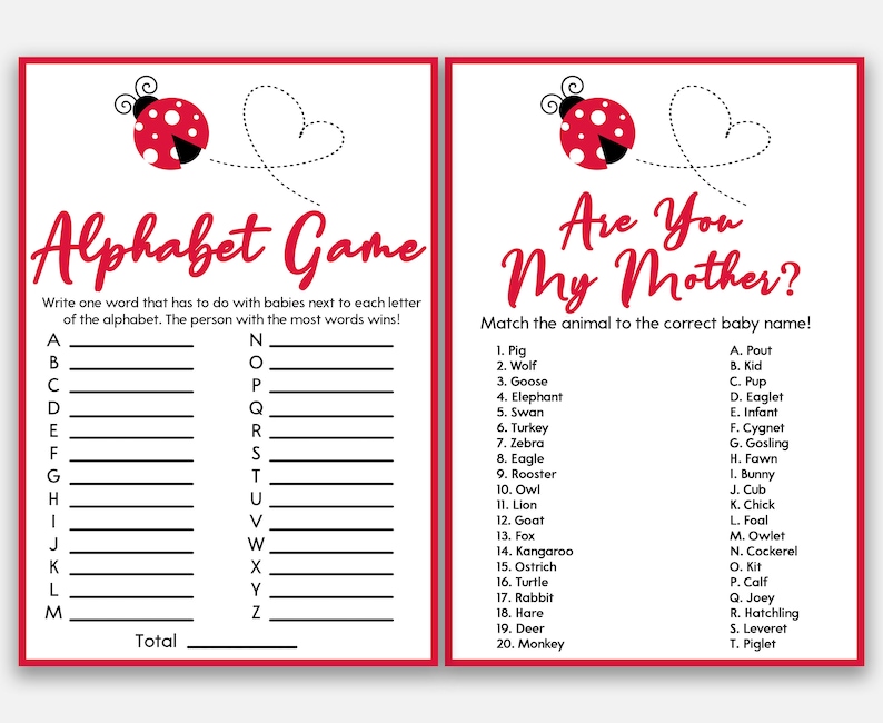 Red Ladybug Themed Baby Shower Game Pack, Printable Baby Shower Games ...
