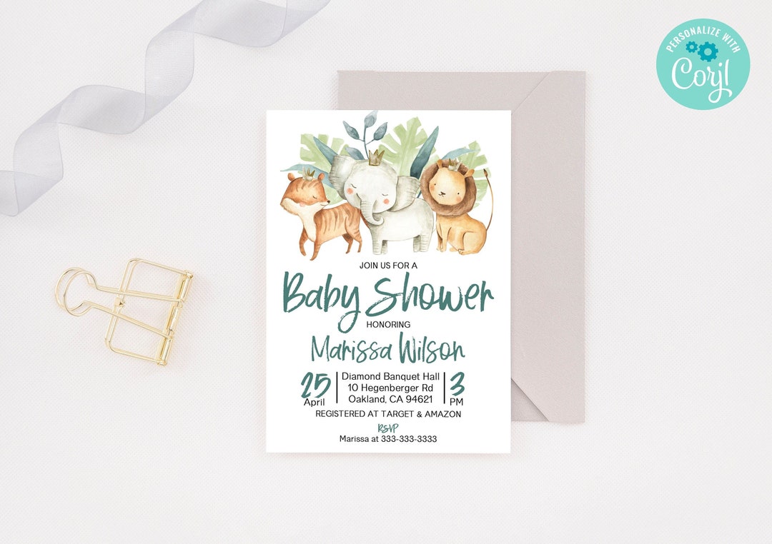 Editable | Zoo Animal Themed Baby Shower Invitation | Jungle Animals ...