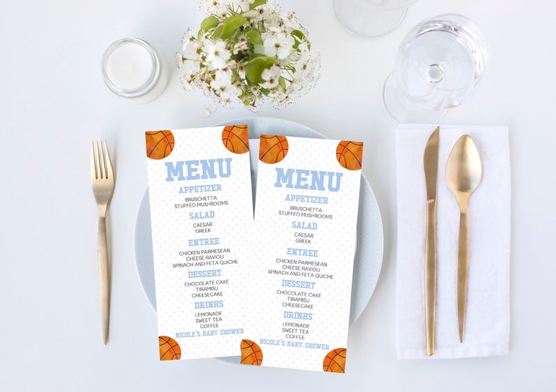 Editable Baby Shower Menu | Basketball Themed | Sports | Blue Polka ...