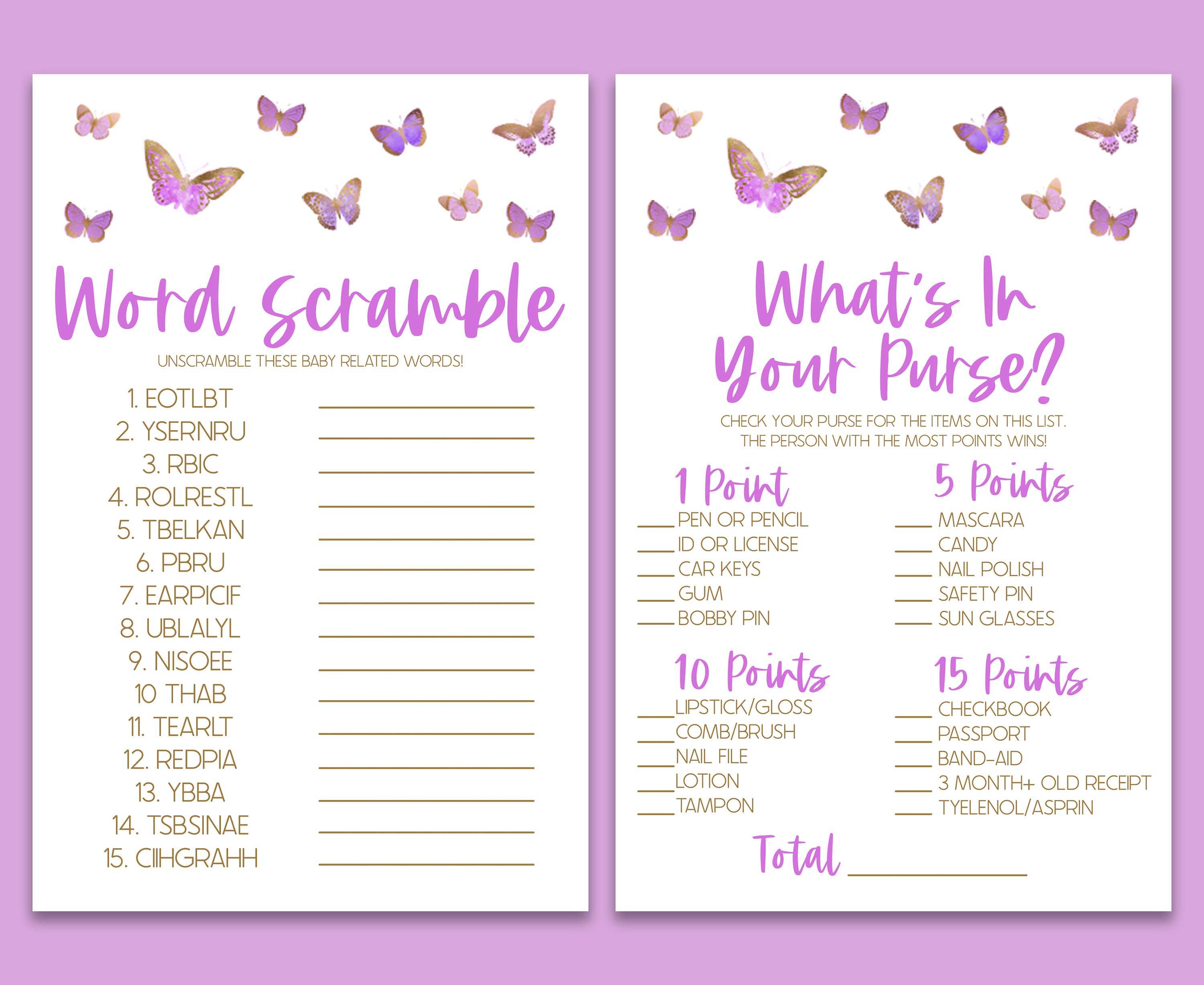 Purple Butterfly Themed Baby Shower Game Pack Printable Baby - Etsy