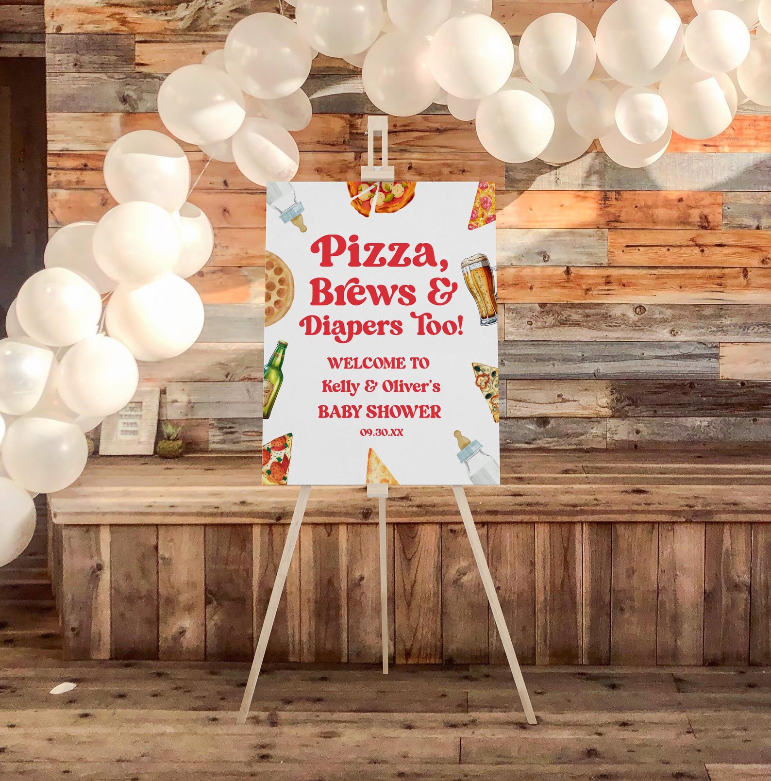 Pizza, Brews, and Diapers Too! Co Ed Baby Shower Welcome Sign ...