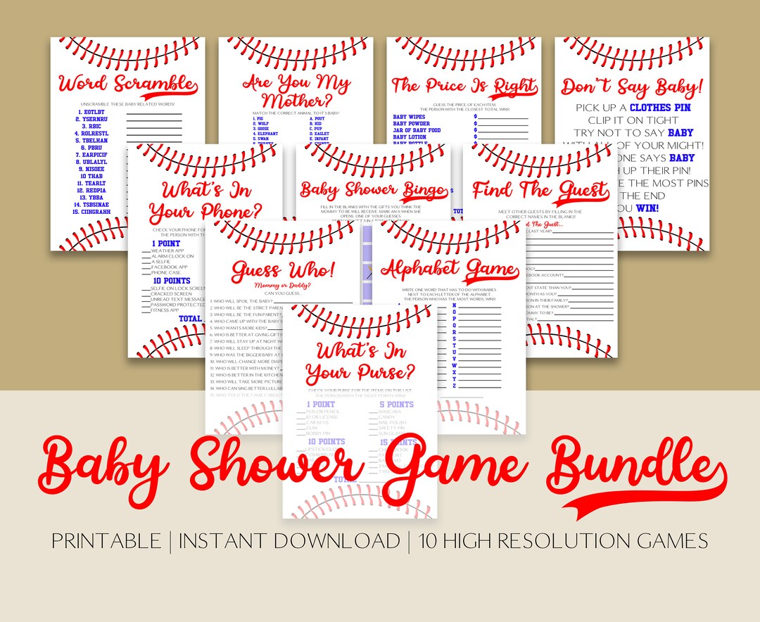 Baseball Themed Baby Shower Game Pack, Printable Baby Shower Games ...