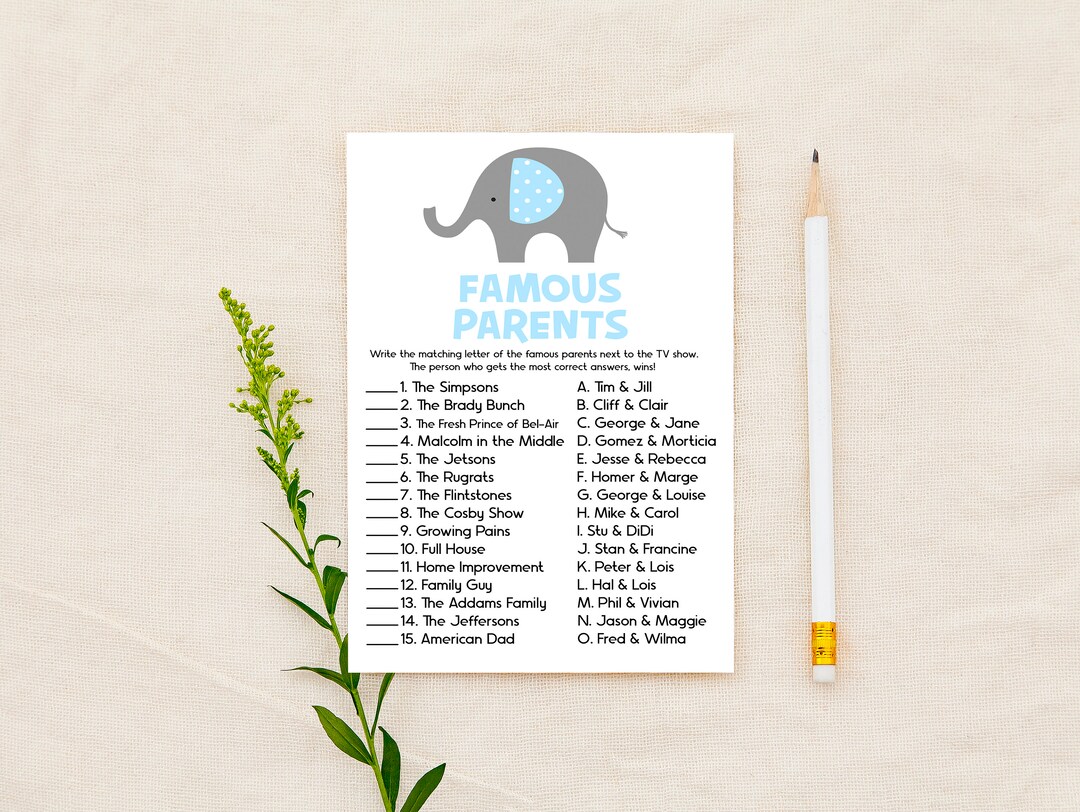 Blue Elephant Famous Parents Baby Shower Game | Famous TV Parents Baby ...